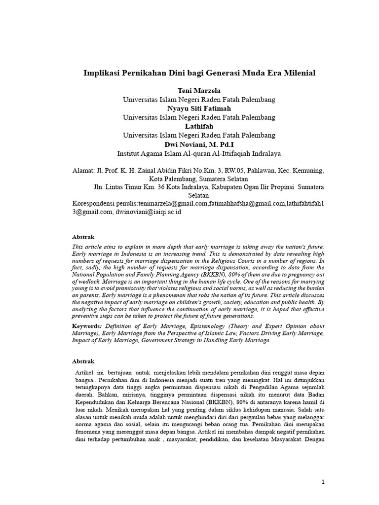 Revisi Implikasi Pernikahan Dini Bagi Generasi Muda Era Milineal Fiqh Mjnakahat Dan Mawaris ...