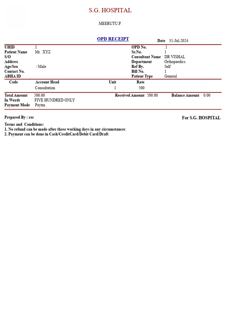 OPD Receipt for Mr. XYZ | PDF