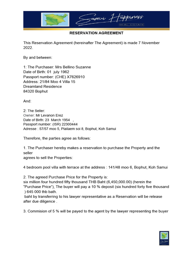 RESERVATION AGREEMENT MRS Suzanne | PDF | Sales | Business Law
