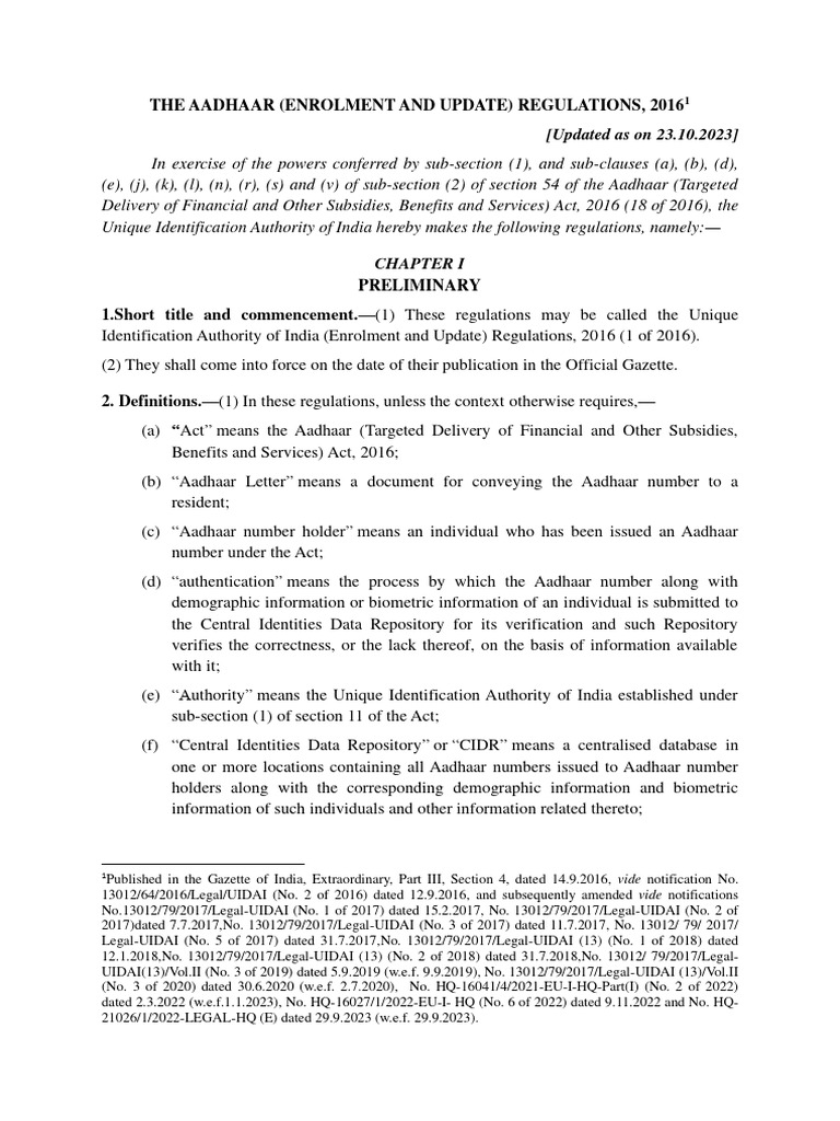 The Aadhaar Enrolment and Update Regulations 2016 With Schedules | PDF ...