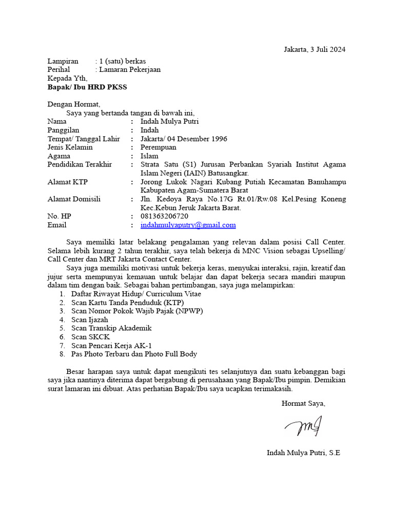 Indah Mulya Putri - Call Center | PDF