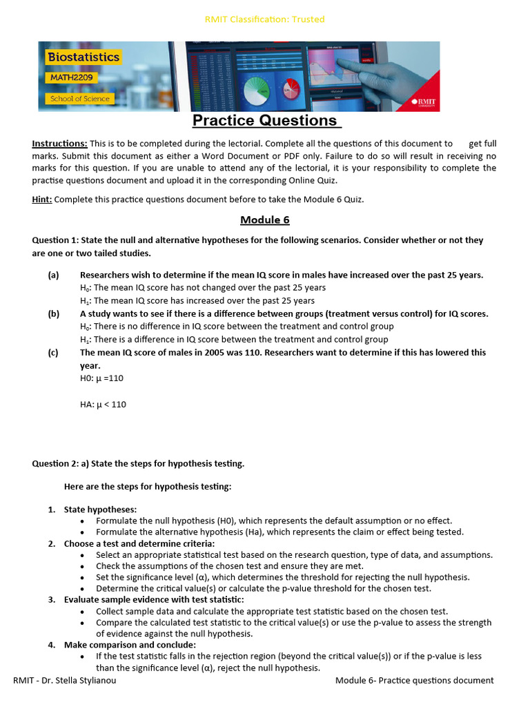 Practice Questions Module 6-1 Biostatistics | PDF | Type I And Type Ii Errors | Statistical ...