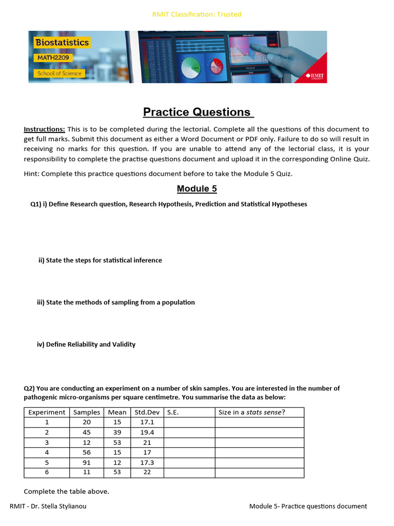 Practice Questions Module 5-1 Biostatistics 2023 | PDF | Statistics | Sampling (Statistics)