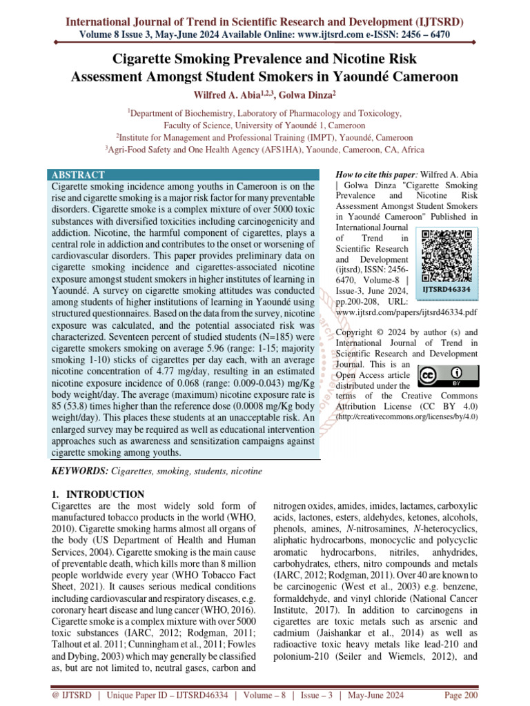 Cigarette Smoking Prevalence and Nicotine Risk Assessment Amongst Student Smokers in Yaoundé ...