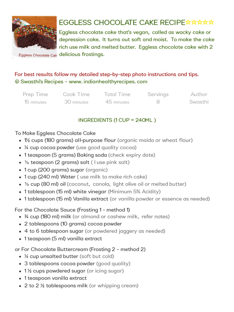 Eggless Chocolate Cake Recipe - Swasthi's Recipes | PDF | Theobroma ...