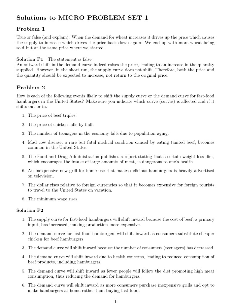 Solutions To MICRO PROBLEM SET 1 | PDF | Demand Curve | Demand