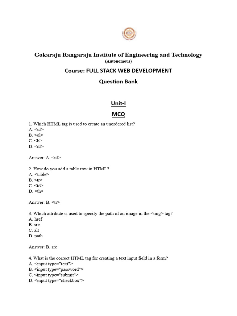 Full Stack Web Development Question Bank | PDF | Html Element | Html