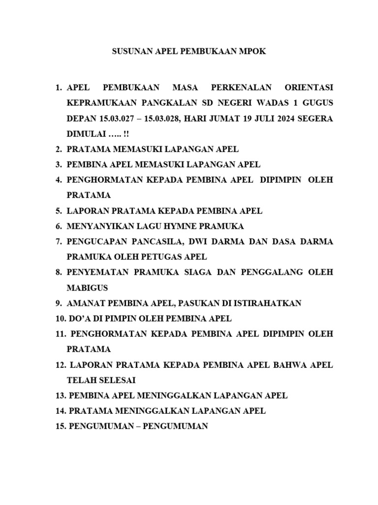 Susunan Upacara Apel Penutup Pramuka | PDF