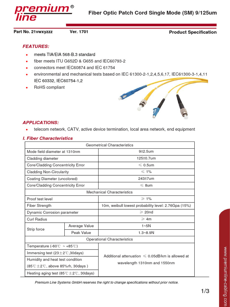 Single Mode Fiber Patch Cord Spec v1701 | PDF | Optical Fiber ...