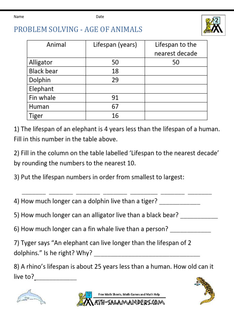Math Grade 2 Age of Animals Rounding Salamanders | PDF | Dolphin | Mammals