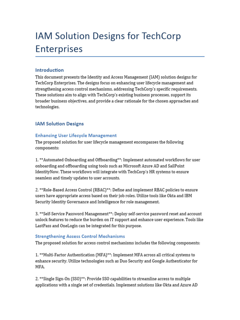 IAM Solution Designs TechCorp | PDF | Access Control | Secure Communication
