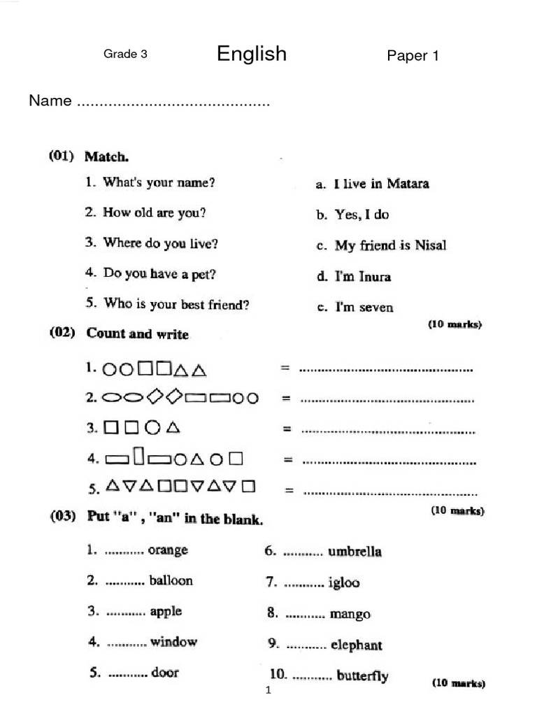 English - Grade 3 Model Paper Edited | PDF