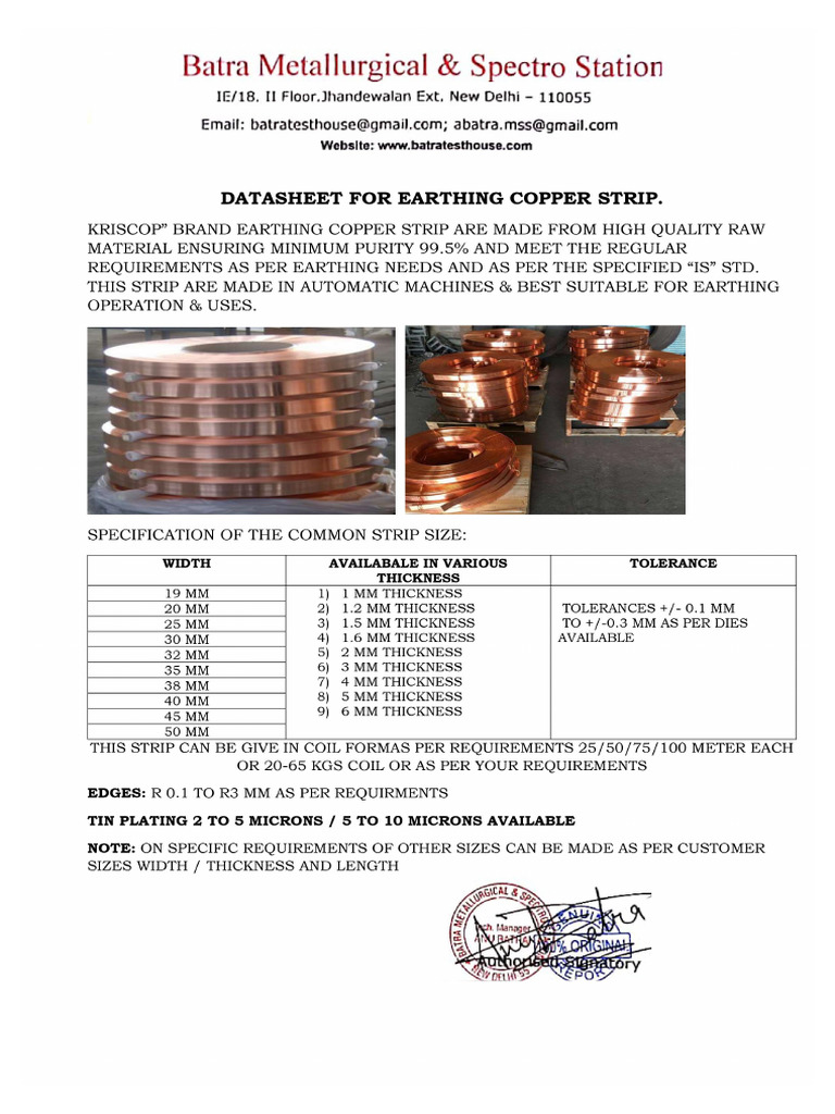 Data Sheet For Earthing Copper Strip | PDF