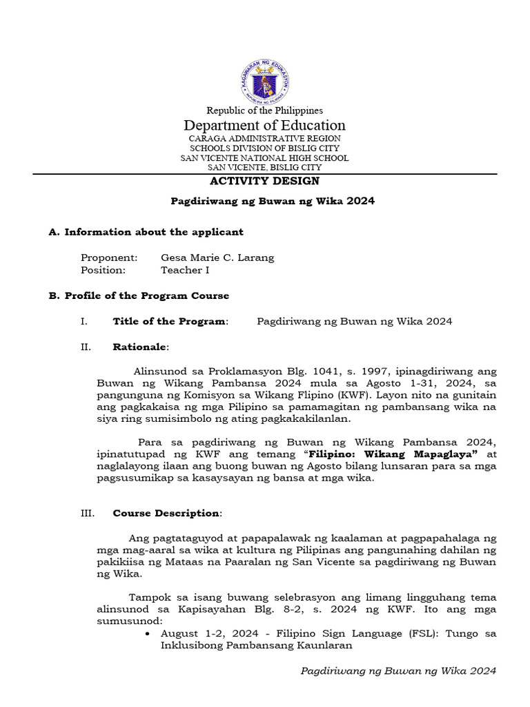 Activity Design Anniversary BCD | PDF