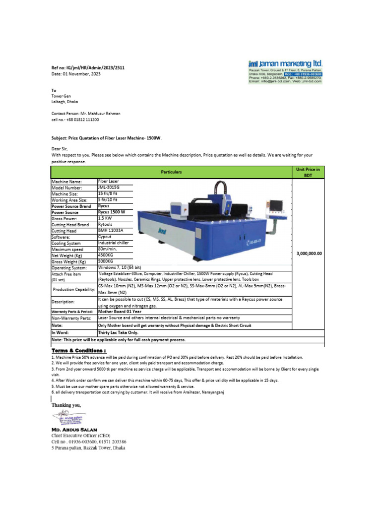 Price Quotation of Fiber Laser-1500W | PDF | Electrical Engineering | Electricity