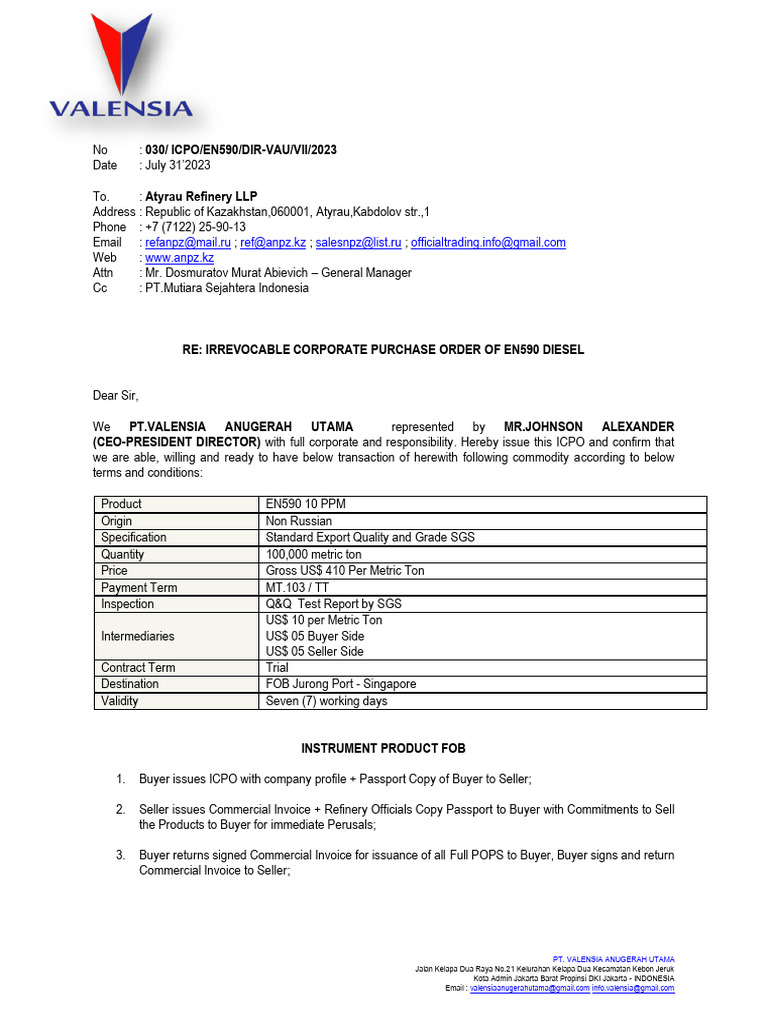 030 Icpo En590 Fob Jurong Fob 31072023 | PDF | Jakarta