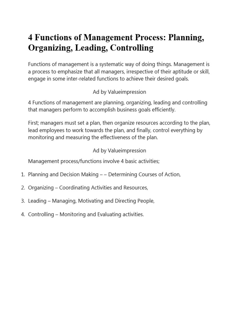 Four Functions of Management Explained | PDF | Leadership | Planning