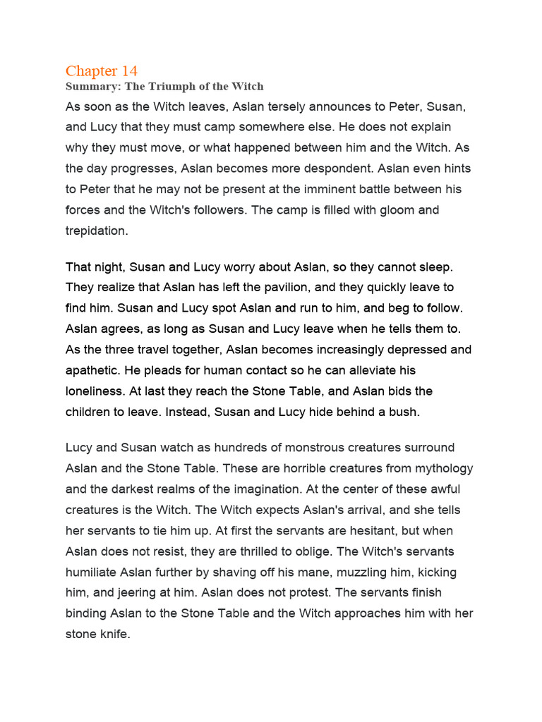 Chapter Summaries 14-17 | PDF | Aslan | The Chronicles Of Narnia