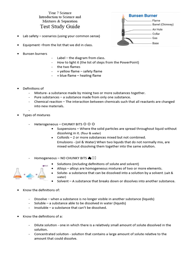 Year 7 Science Test Study Guide | PDF | Mixture | Solubility
