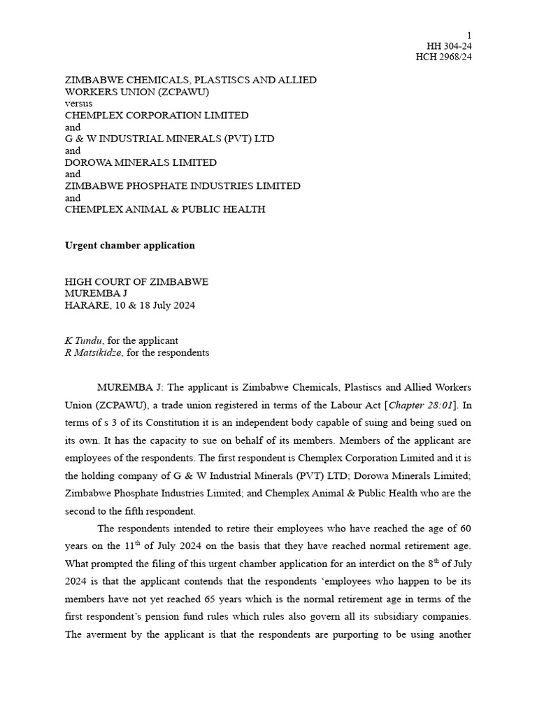 Zimbabwe Chemicals Plastics and Allied Workers Union (ZCPAWU) V ...
