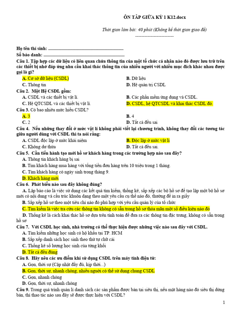 On Tap Giua Ky 1 K12 | PDF