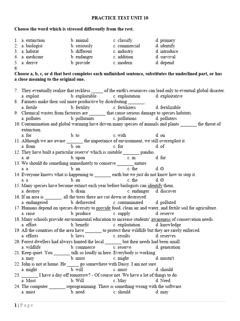 UNIT 10 TEST 2 | PDF | Extinction | Hunting