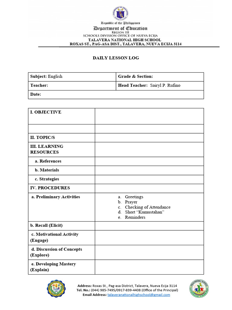 Daily Lesson Log Template | PDF