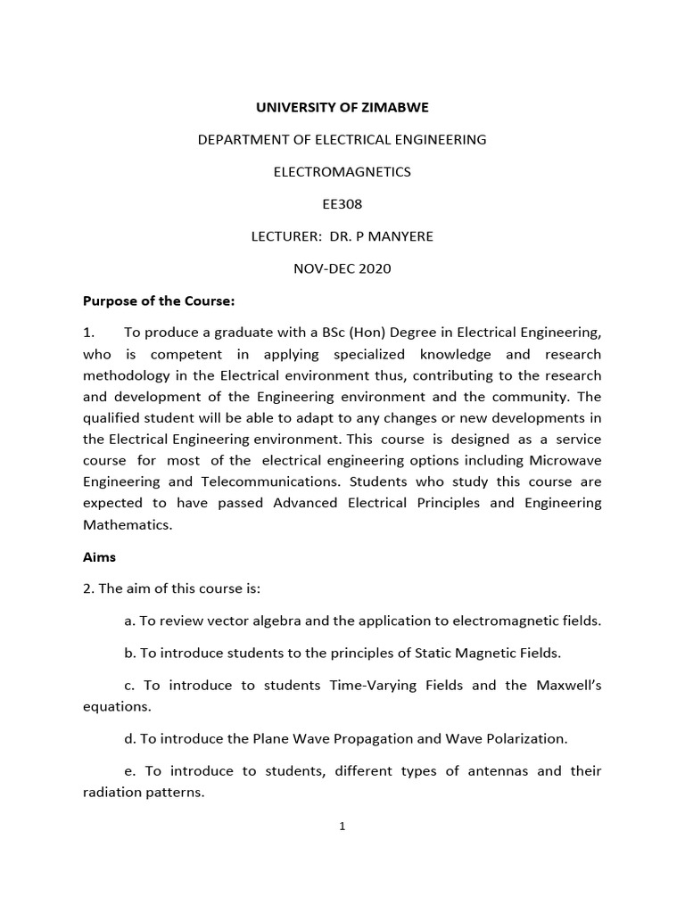 Electromagnetics (EE308) Course Outline 2020 | PDF | Euclidean Vector | Waves