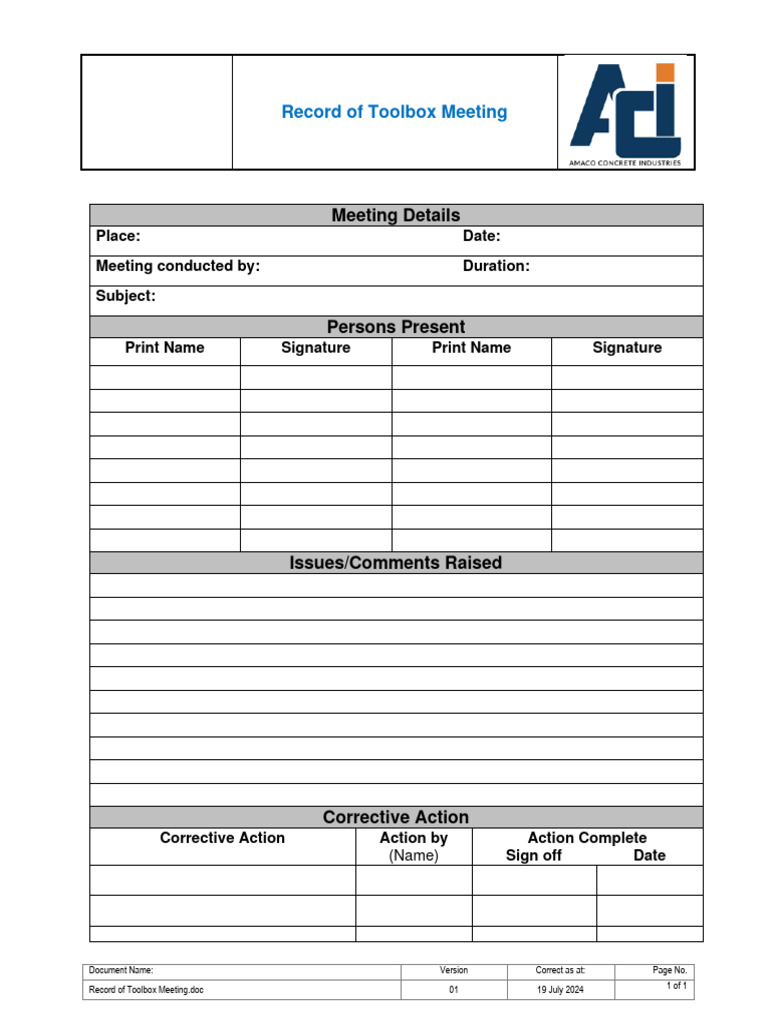 19.20 Record of Toolbox Meeting | PDF