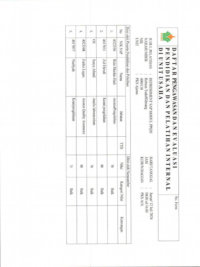 Unit AJA - Daftar Pengawasan Dan Evaluasi Pelatihan SAP | PDF