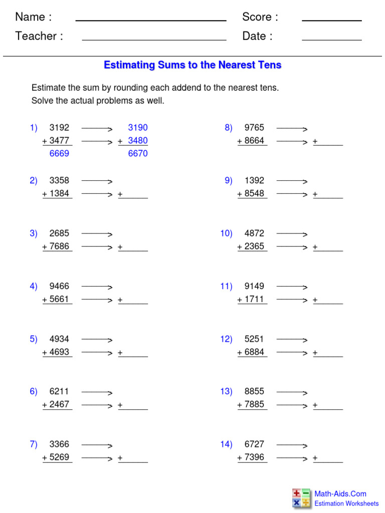 Estimating Sums Worksheet Grade 4 | PDF | Mathematics
