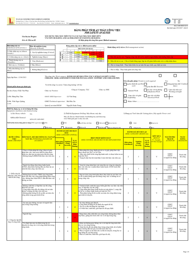 Worksheet in TLC - HSE - JSA - FOR INSTALLATION SUPPORT AND CHILLE PIPE ...