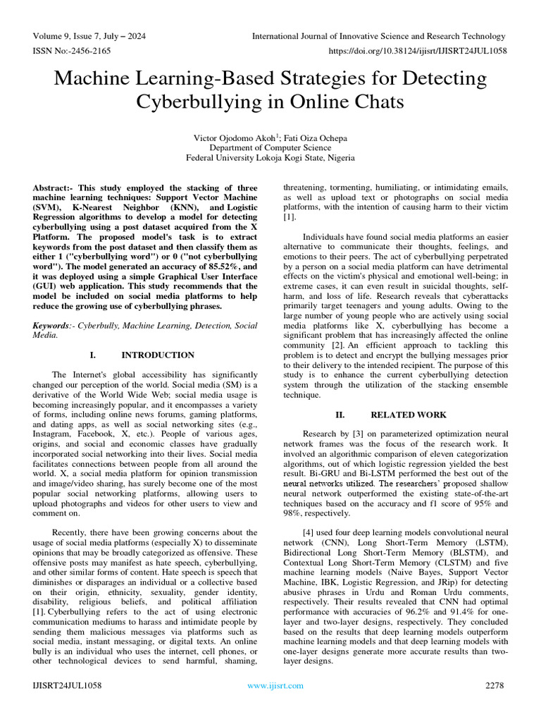 Machine Learning-Based Strategies For Detecting Cyberbullying in Online Chats | PDF | Support ...