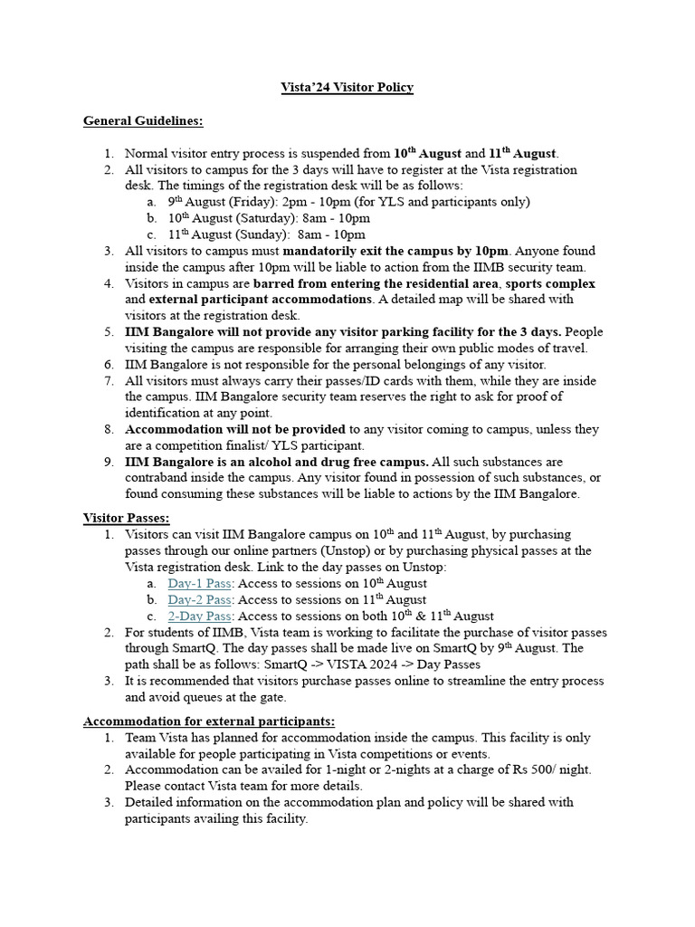 IIM Bangalore Vista'24 Visitor Guidelines | PDF | Business | Finance ...