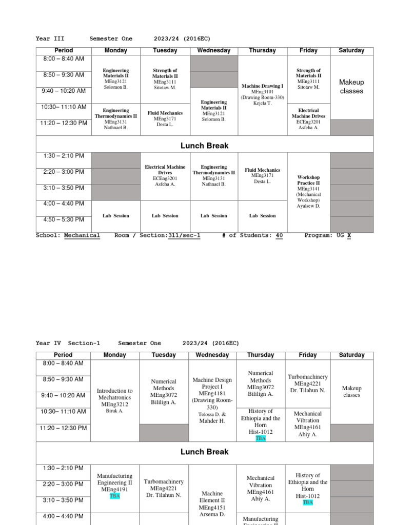 2016 EC Sem One Class Schedule (New - Format - New) | PDF | Engineering ...
