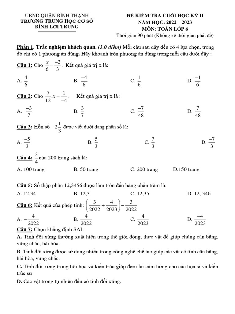 BLT De-Tham-Khao Toan-6 Hkii | PDF