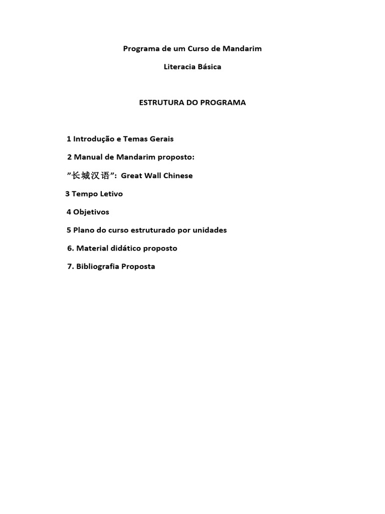 Programa de Mandarim Literacia Basica | PDF | Caracteres chineses ...