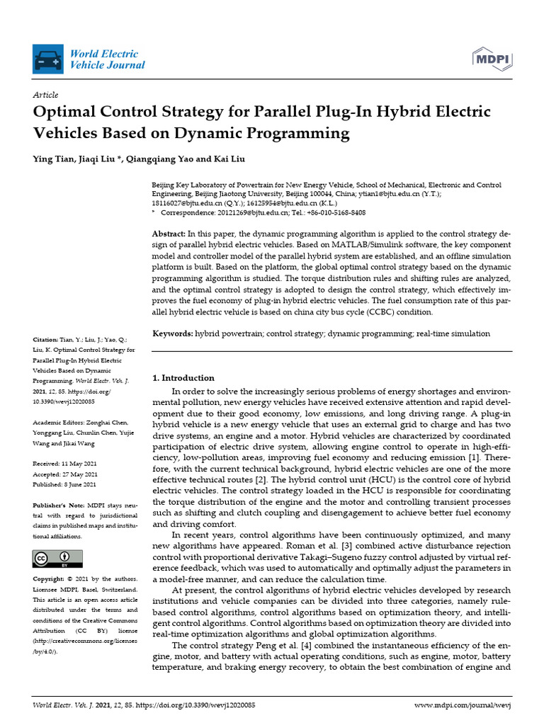 Optimal Control Strategy For Parallel Plug-In Hybrid Electric Vehicles Based On Dynamic ...