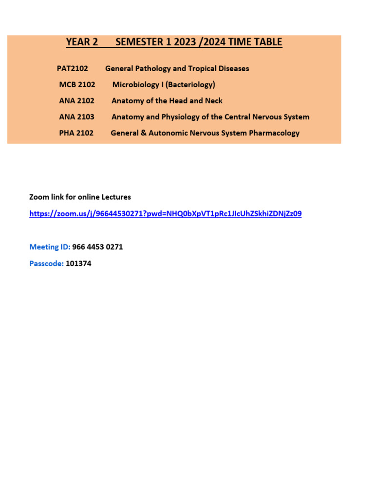 Year 2 Semester 1 Time Table | PDF | Neoplasms | Central Nervous System