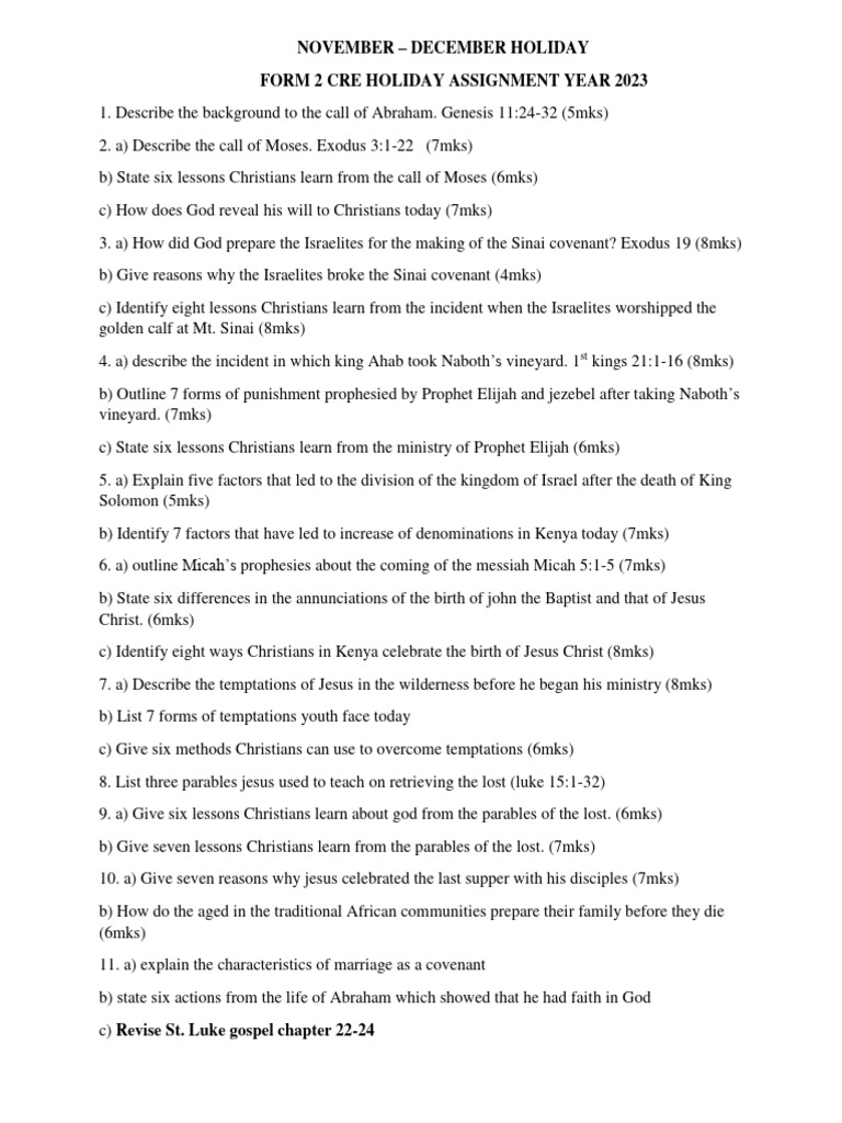 Form 2 CRE Holiday Assignment | PDF