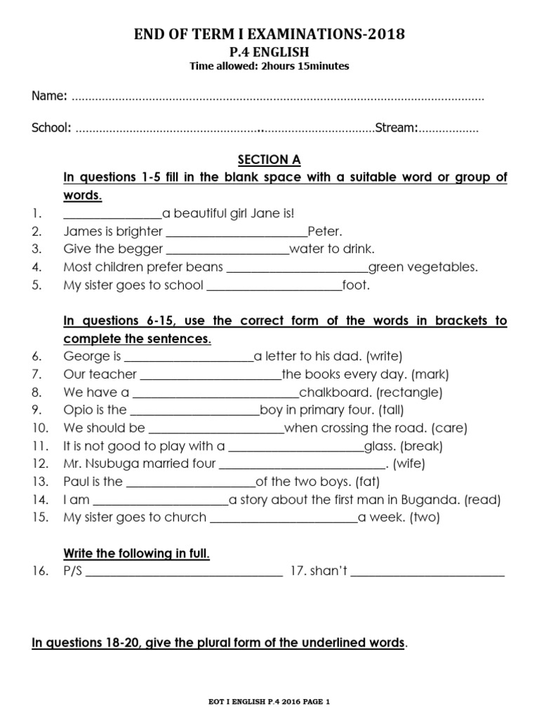 P - 4 English End of Term I Examinations-2018 | PDF