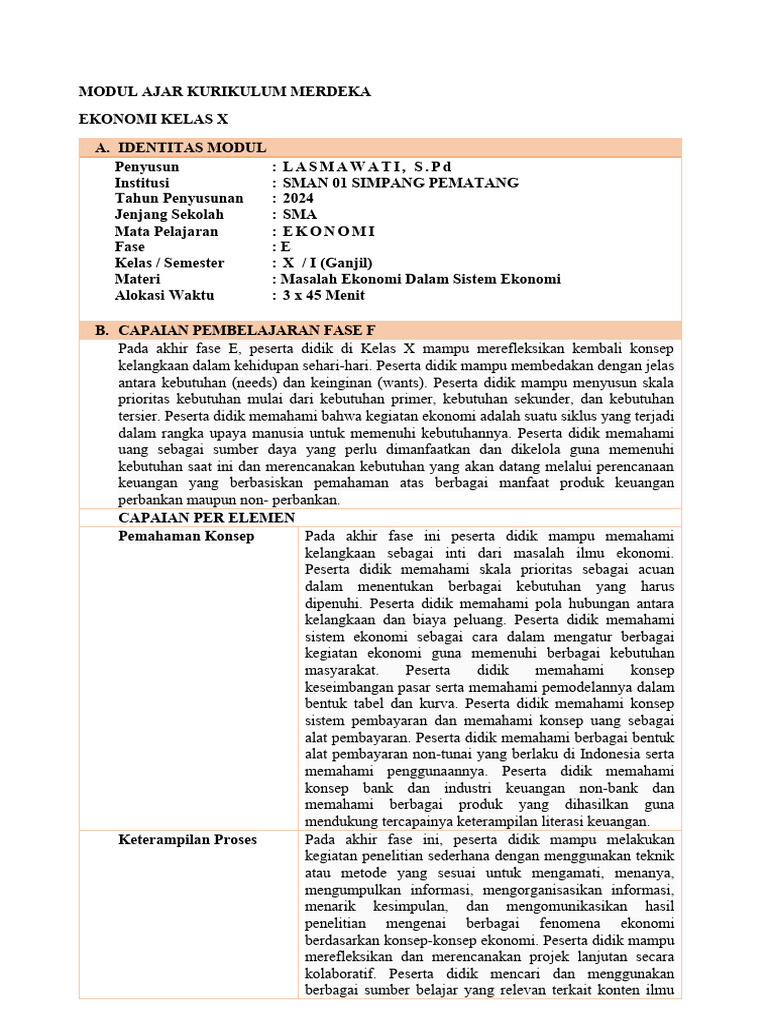 Modul Ajar Ekonomi Kelas X | PDF | Karier & Perkembangan