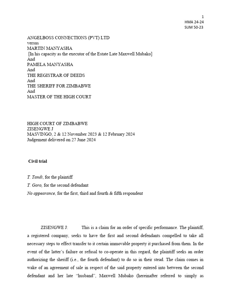 Angelboss Connections (Pvt) Ltd v Manyasha In his capacity as the ...