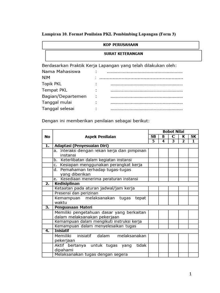 Form Penilaian PKL | PDF | Karier & Perkembangan