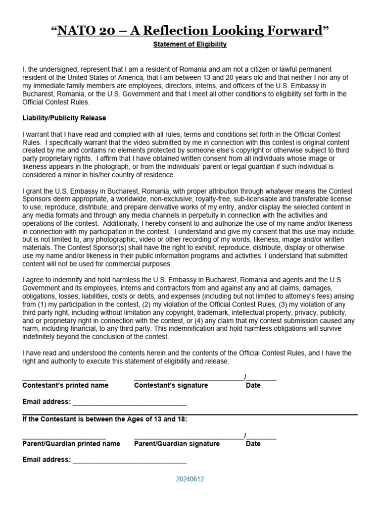 NATO 20 Contest Eligibility Statement | PDF | Indemnity | Private Law