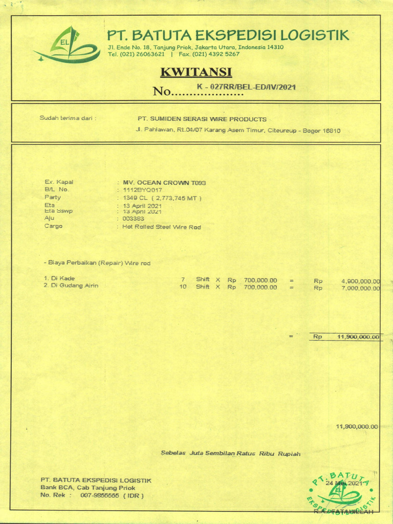 Inv 27rriv2021 Sumiden Serasi Wire Products | PDF