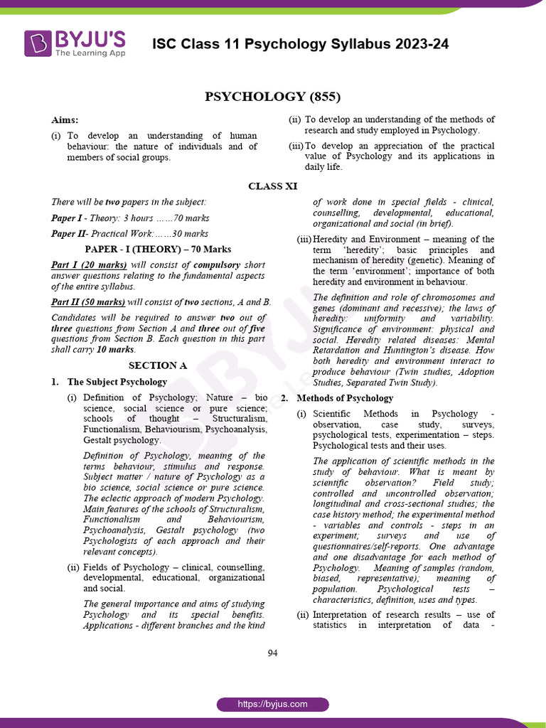 ISC Class 11 Psychology Syllabus 2023 24 | PDF | Psychology | Emotions