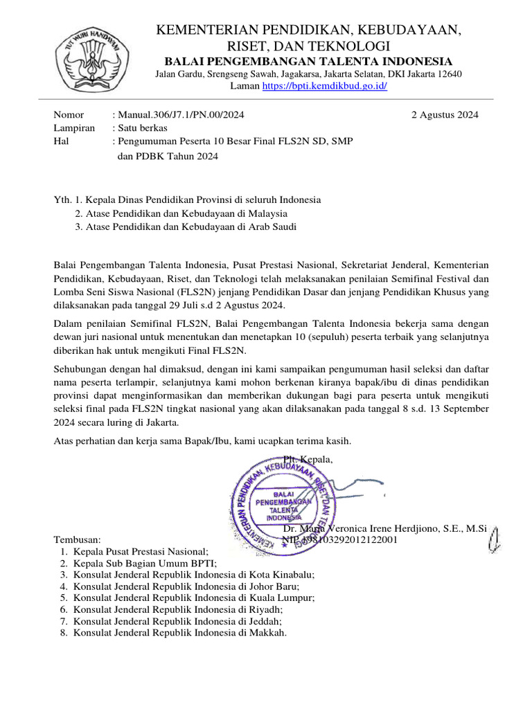 Surat Pengumuman Peserta 10 Besar Final FLS2N DIKDAS Dan DIKSUS Tahun 2024 | PDF