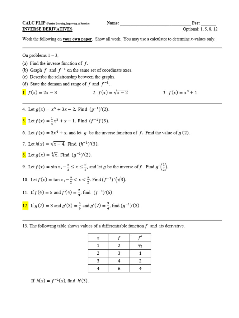 CALC Inverse Derivatives FLIP (Answers) Simoneau | PDF | Function (Mathematics) | Mathematical Logic