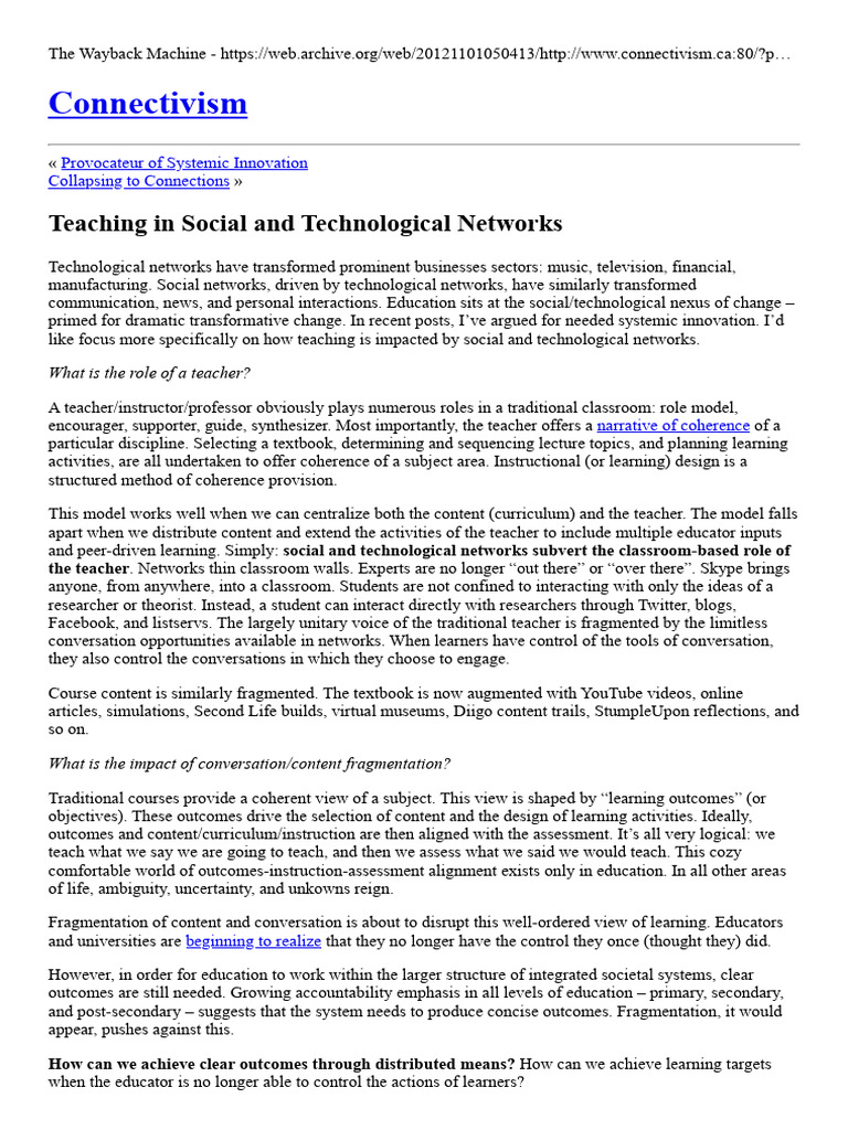 Teaching in Social and Technological Networks Connectivism | PDF ...